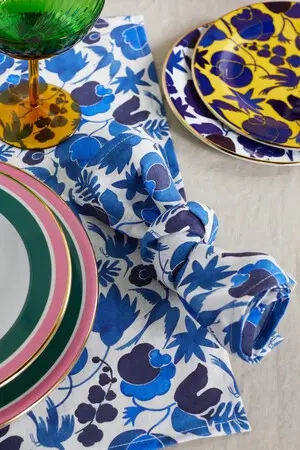 La DoubleJ Set Of Six Printed Linen Napkins - Blue