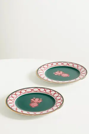 La DoubleJ Set Of Two Gold-plated Porcelain Dessert Plates - Green