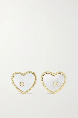 Yvonne Léon 9-karat Gold, Mother-of-pearl And Diamond Heart Earrings - White