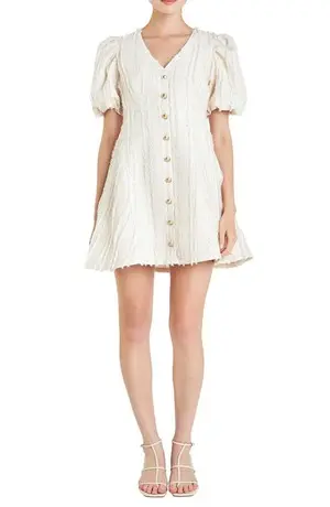 English Factory Textured Puff Sleeve Mini Dress - Beige
