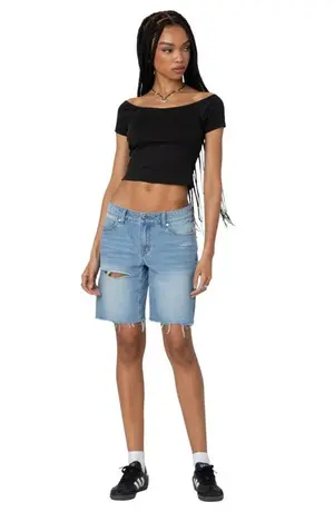 EDIKTED Riptide Ripped Denim Bermuda Shorts
