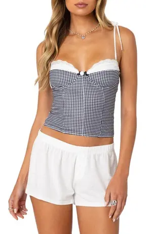 EDIKTED Peekaboo Gingham Corset Top - Black-and-white
