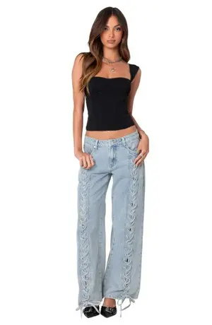 EDIKTED Laced Up Wide Leg Jeans