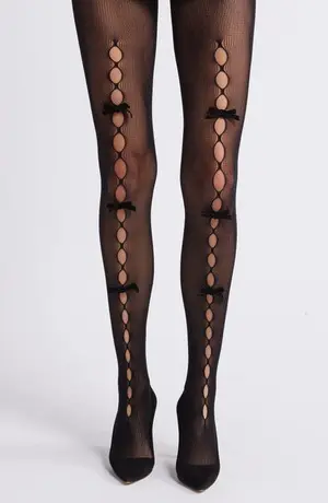 HIGH HEEL JUNGLE Velvet Bow Cutout Tights - Black