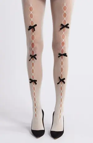 HIGH HEEL JUNGLE Velvet Bow Cutout Tights - White