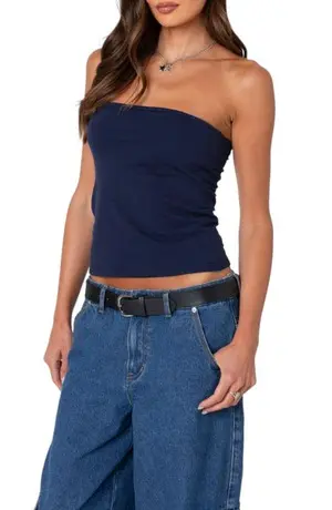 EDIKTED Stretch Cotton Tube Top - Navy