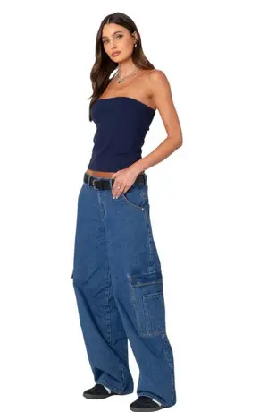 EDIKTED Stretch Cotton Tube Top - Navy