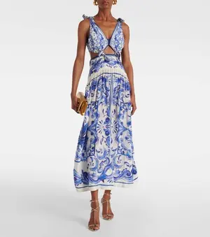 farm rio garden tiles cutout midi dress Cutout floral linen midi dress in green - Farm Rio