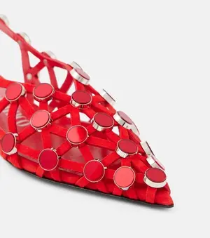 Attico Grid Studded Suede Slingback Flats - Red