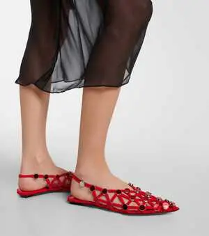 Attico Grid Studded Suede Slingback Flats - Red