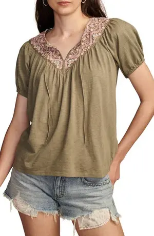 Lucky Brand Embroidered Split Neck Top - Dusty Olive