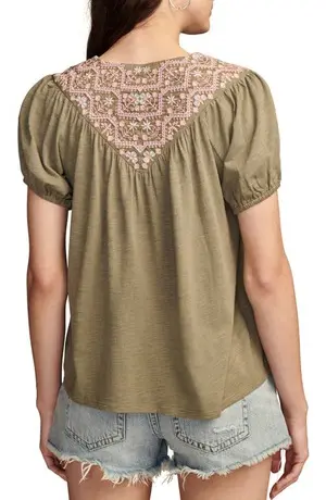 Lucky Brand Embroidered Split Neck Top - Dusty Olive