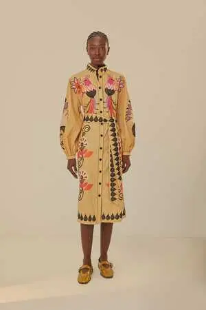 farm rio bird flowers midi dress Khaki Flower Bird Embroidered Midi Dress  FARM Rio