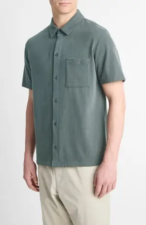 Vince Sueded Jersey Short Sleeve Button-up Shirt Petrol Green