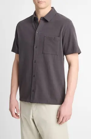 Vince Sueded Jersey Short Sleeve Button-up Shirt Soft Black