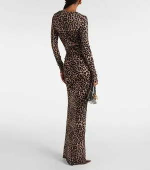 Blumarine Leopard-print Wool Jersey Maxi Dress - Brown