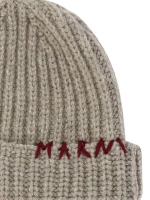 Marni Shetland Wool Beanie With Embroidered Logo - Neutrals