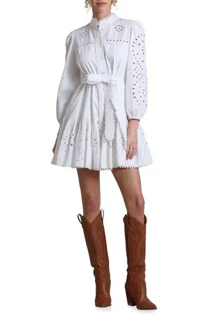 Avec Les Filles Eyelet Tie Belt Long Sleeve Mini Shirtdress