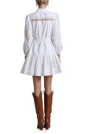 Avec Les Filles Eyelet Tie Belt Long Sleeve Mini Shirtdress