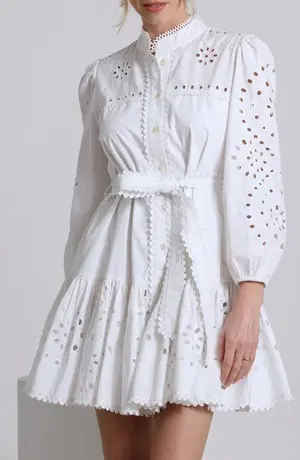 Avec Les Filles Eyelet Tie Belt Long Sleeve Mini Shirtdress