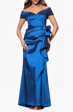 XSCAPE EVENINGS Off-the-shoulder Taffeta Gown - Sapphire