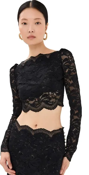Rabanne Long Sleeve Lace Crop Top - Black
