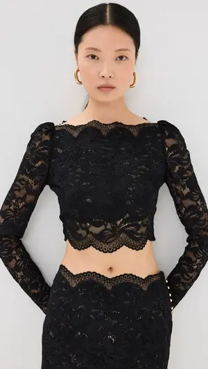 Rabanne Long Sleeve Lace Crop Top - Black