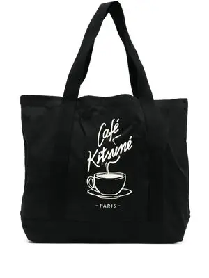 CAFÉ KITSUNÉ Graphic-print Canvas Tote Bag - Black