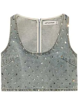 SELF-PORTRAIT Rhinestone-embellished Denim Top