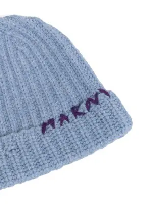 Marni Shetland Wool Beanie With Embroidered Logo - Blue