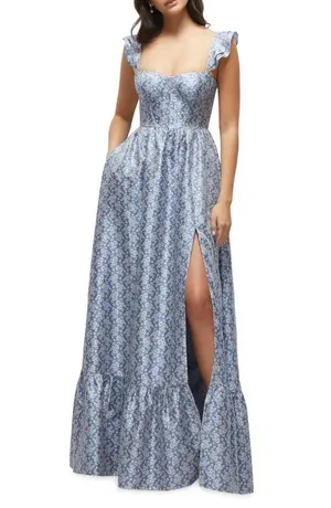 Dessy Collection Floral Jacquard Corset Bodice Gown - Chambray