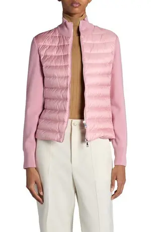 Moncler Quilted Down And Wool Knit Cardigan - Rose Pink