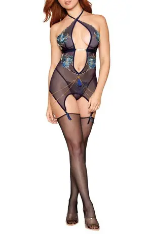 DREAMGIRL Floral Embroidered Basque & G-string Set
