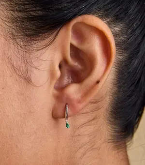 ASTRID & MIYU White Gold And Emerald Pear Huggie Hoop Earrings - Silver