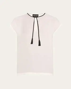 Giorgio Armani Silk Georgette Short Blouse With Tie Neck Detail - Solid White