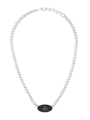 Gucci Trademark Sterling Silver & Enamel Logo Necklace - Silver Black
