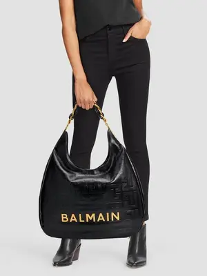 Balmain 1945 Soft Cabas Embossed Leather Hobo Bag - Noir