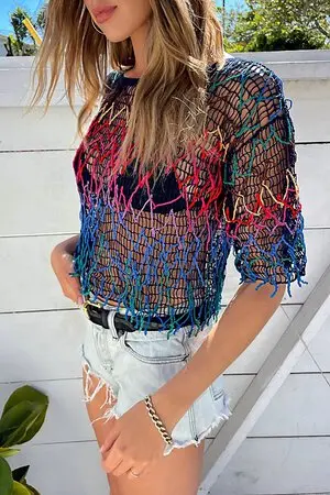 MADLY VINTAGE Rainbow Crochet Fringe Top