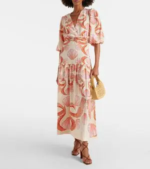 ADRIANA DEGREAS Seashell-print Silk Maxi Dress