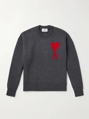 AMI Paris Logo-intarsia Virgin Wool Sweater - Gray