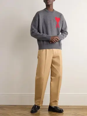 AMI Paris Logo-intarsia Virgin Wool Sweater - Gray