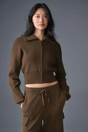 Alo Yoga Scholar Knit Cropped Full Zip Jacket - Espresso