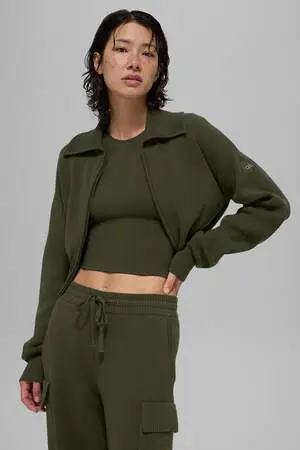 Alo Yoga Scholar Knit Cropped Full Zip Jacket - Green Olive