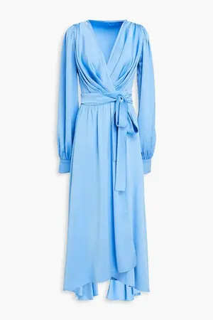 RHEA COSTA Gathered Satin Midi Wrap Dress
