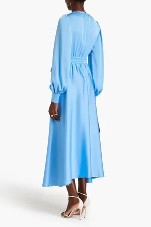 RHEA COSTA Gathered Satin Midi Wrap Dress