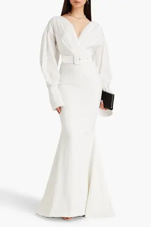 RHEA COSTA Gianna Pleated Satin-crepe Gown