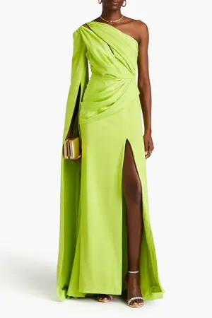 RHEA COSTA Draped Pleated Satin Gown