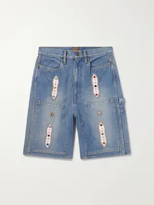 Kapital Straight-leg Embellished Denim Shorts - Blue