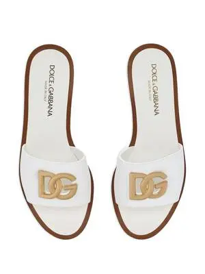 Dolce & Gabbana Flat Calfskin Slides With Dg Logo - White