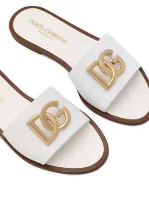 Dolce & Gabbana Flat Calfskin Slides With Dg Logo - White